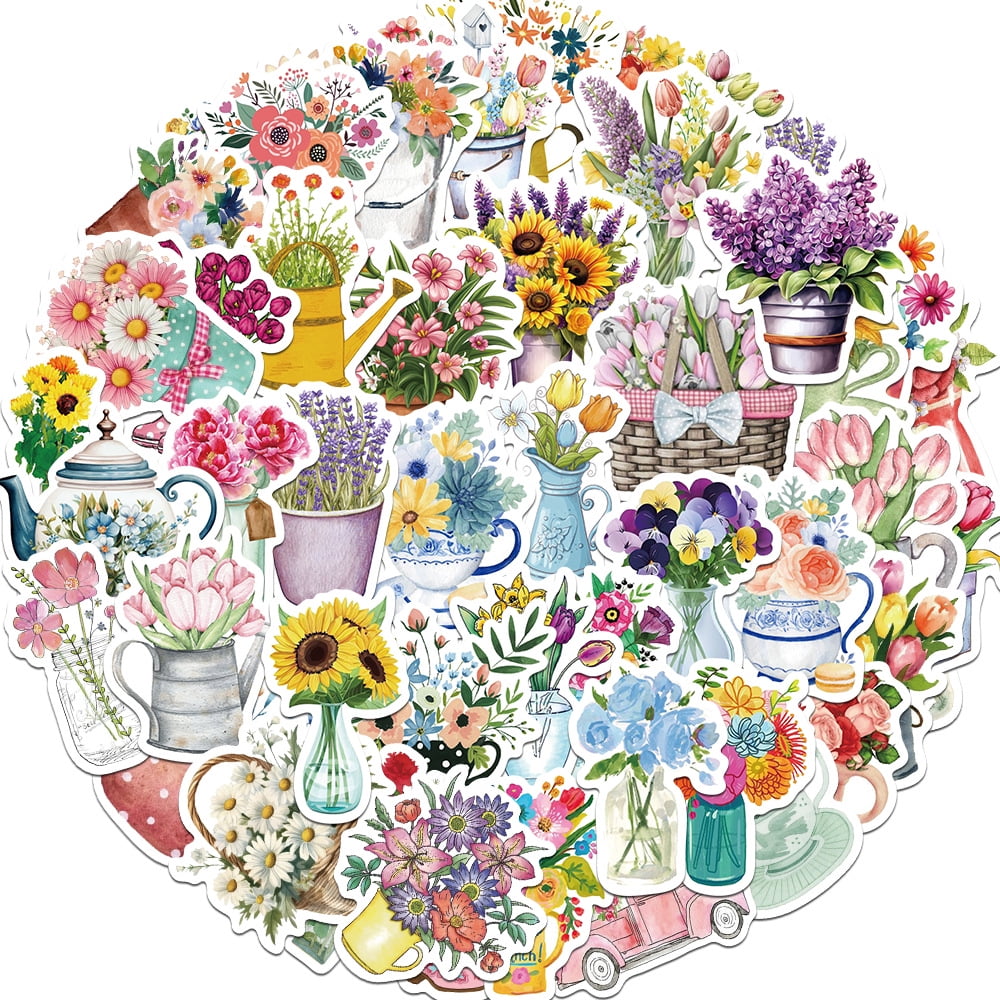 100 Pcs Flower Stickers Waterproof Floral Vinyl Stickers Decals for ...