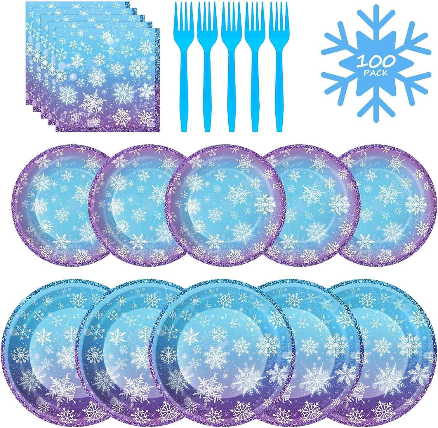 100 Pcs Frozen Plates and Napkins Sets - Snowflake Round Tableware ...