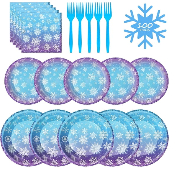 100 Pcs Frozen Plates and Napkins Sets - Snowflake Round Tableware ...