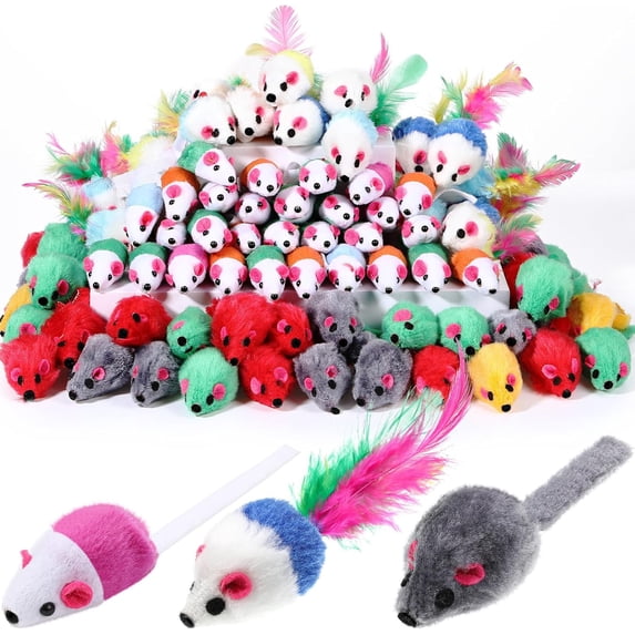 100 Pcs Fur Cat Mouse Toys Assorted Interactive Cat Toys Rattle Sound ...