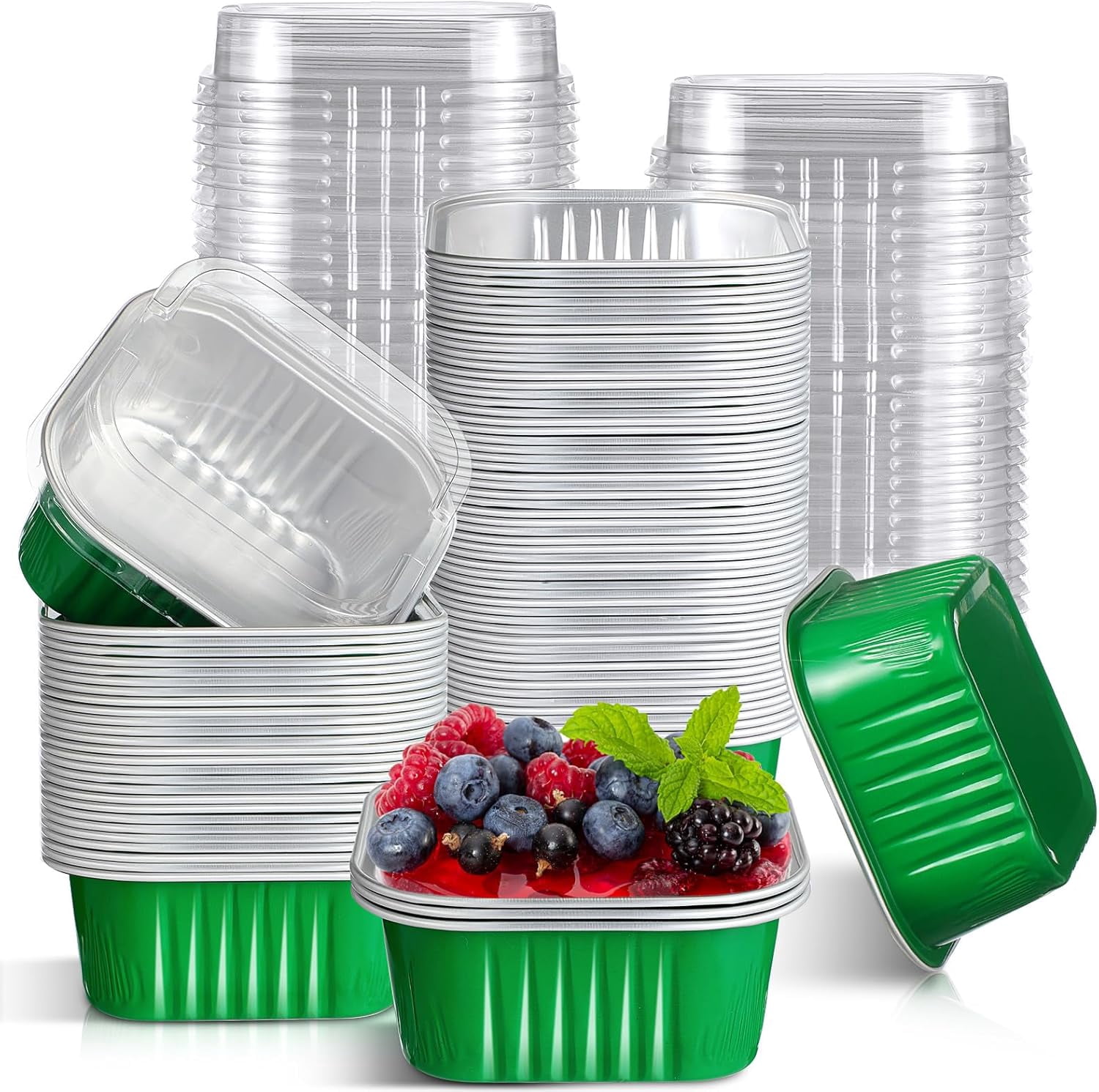100 Pcs Green Mini Cake Pans with Lids 5 oz Cupcake Liners Dessert ...