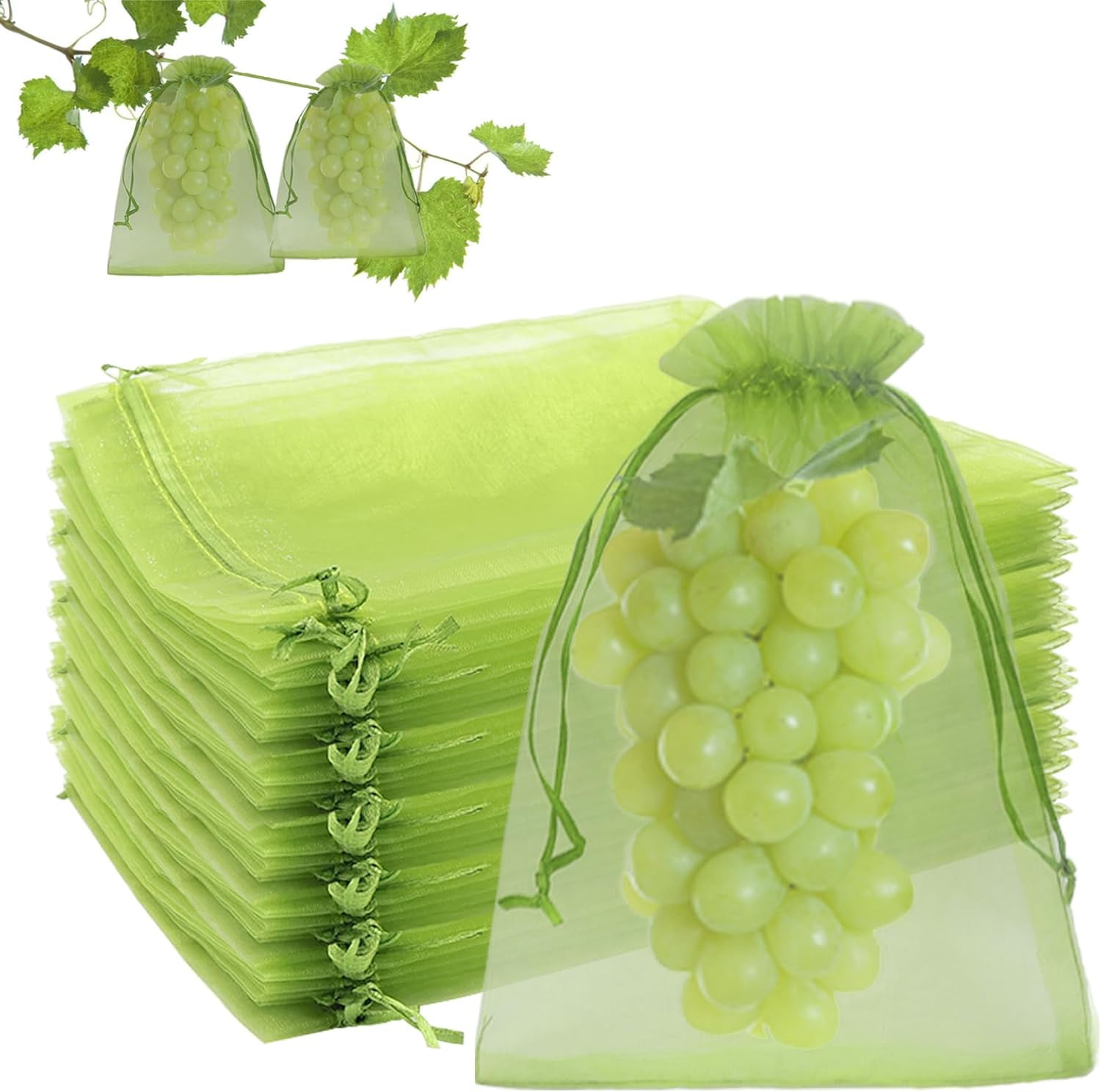 100 Pcs Green Netting Cover Bags with Drawstring, Fruit Protection Bags ...