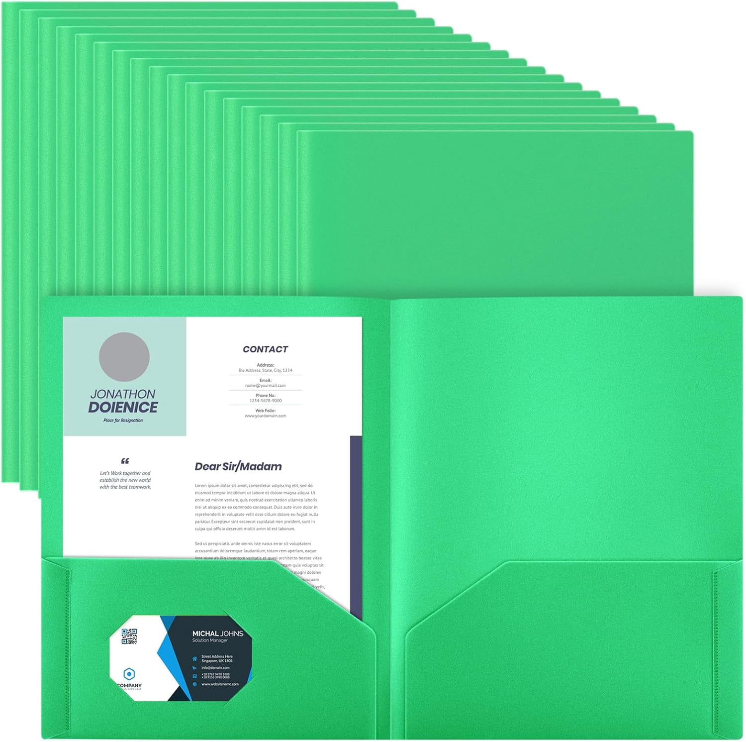 100 Pcs Green Plastic Two-Pocket Letter-Size Folder with Business Card ...