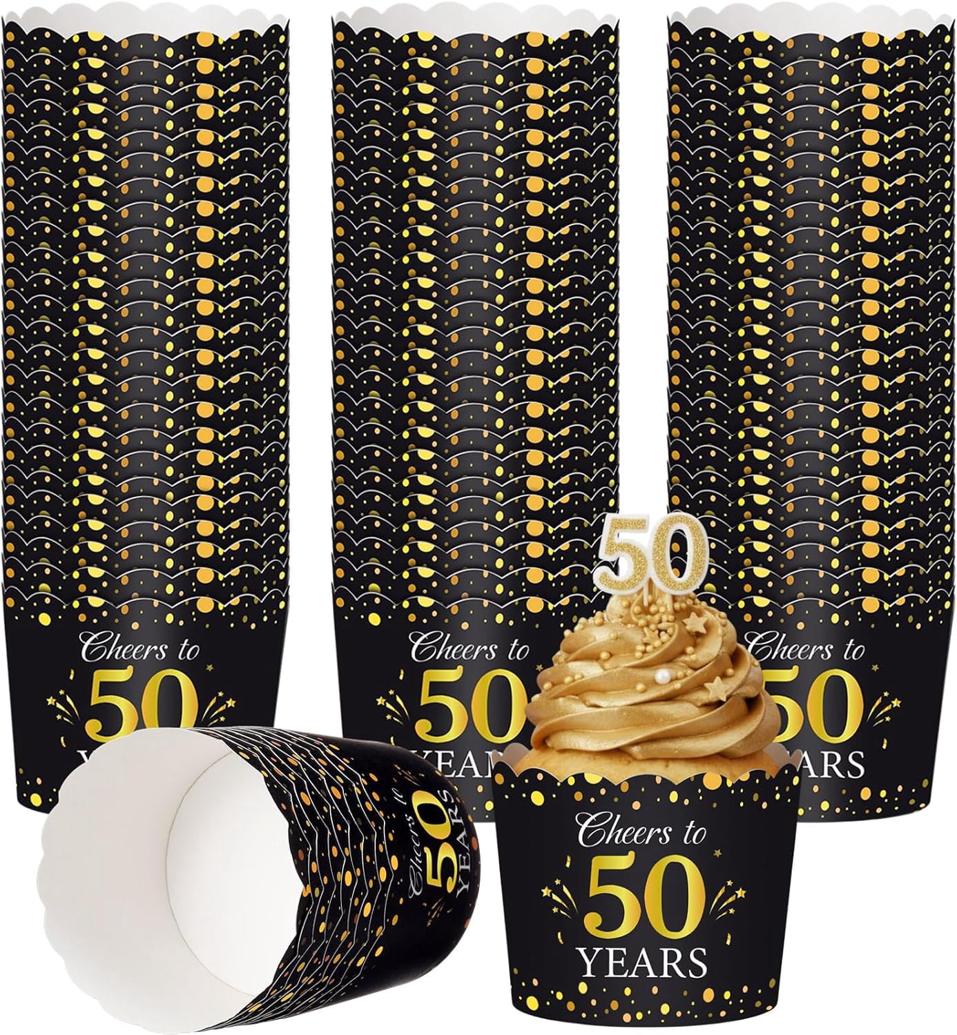 100 Pcs Happy 50th Birthday Paper Scalloped Cupcake Liners Gold Cheers ...