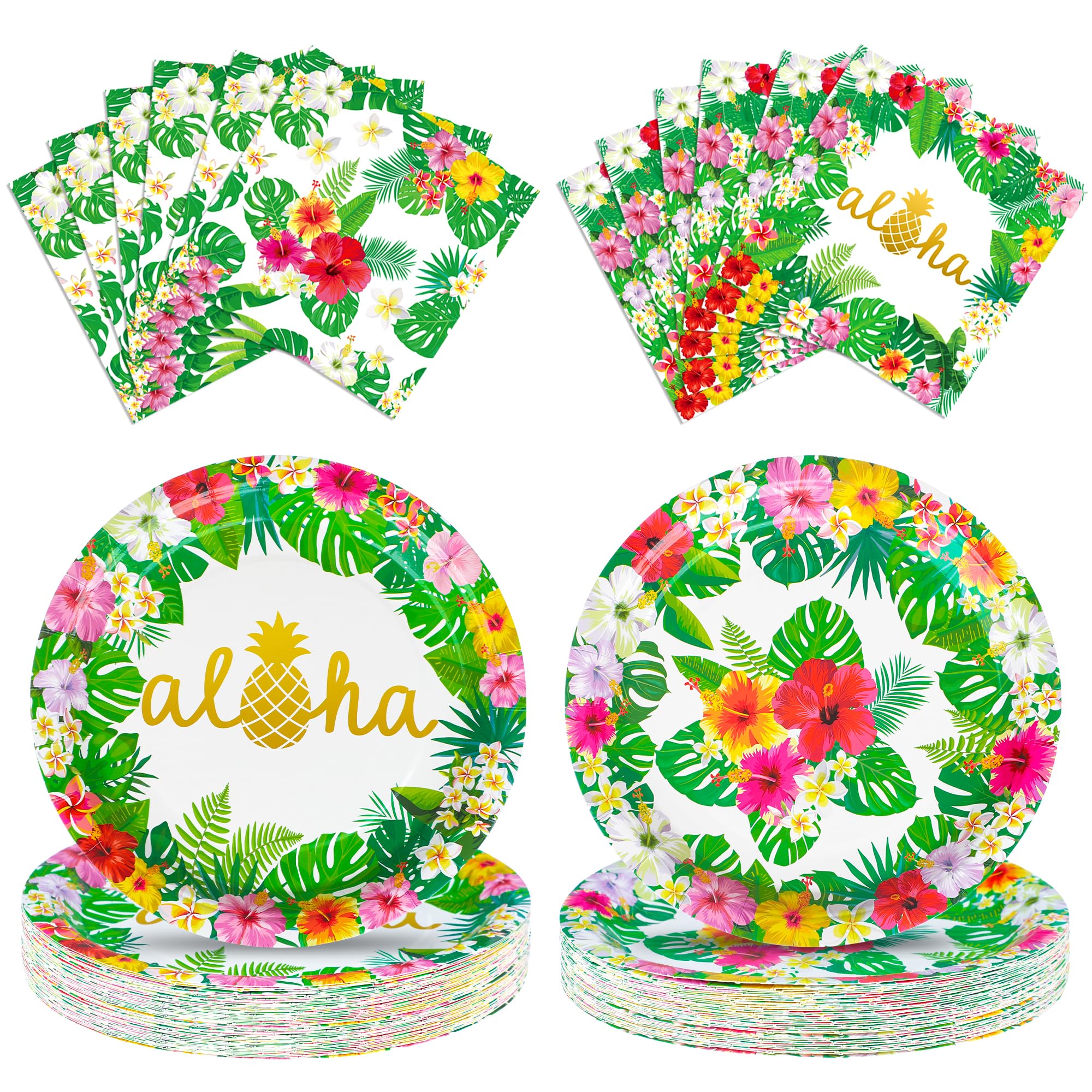 100 Pcs HawaiianUMRT Paper Napkins Plates Tropical Luau Party 9 Inch ...
