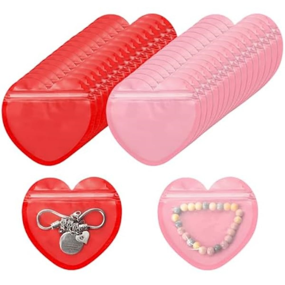 100 Pcs Heart-Shaped Jewelry Bags Clear Plastic Jewelry Ziplock Bag ...