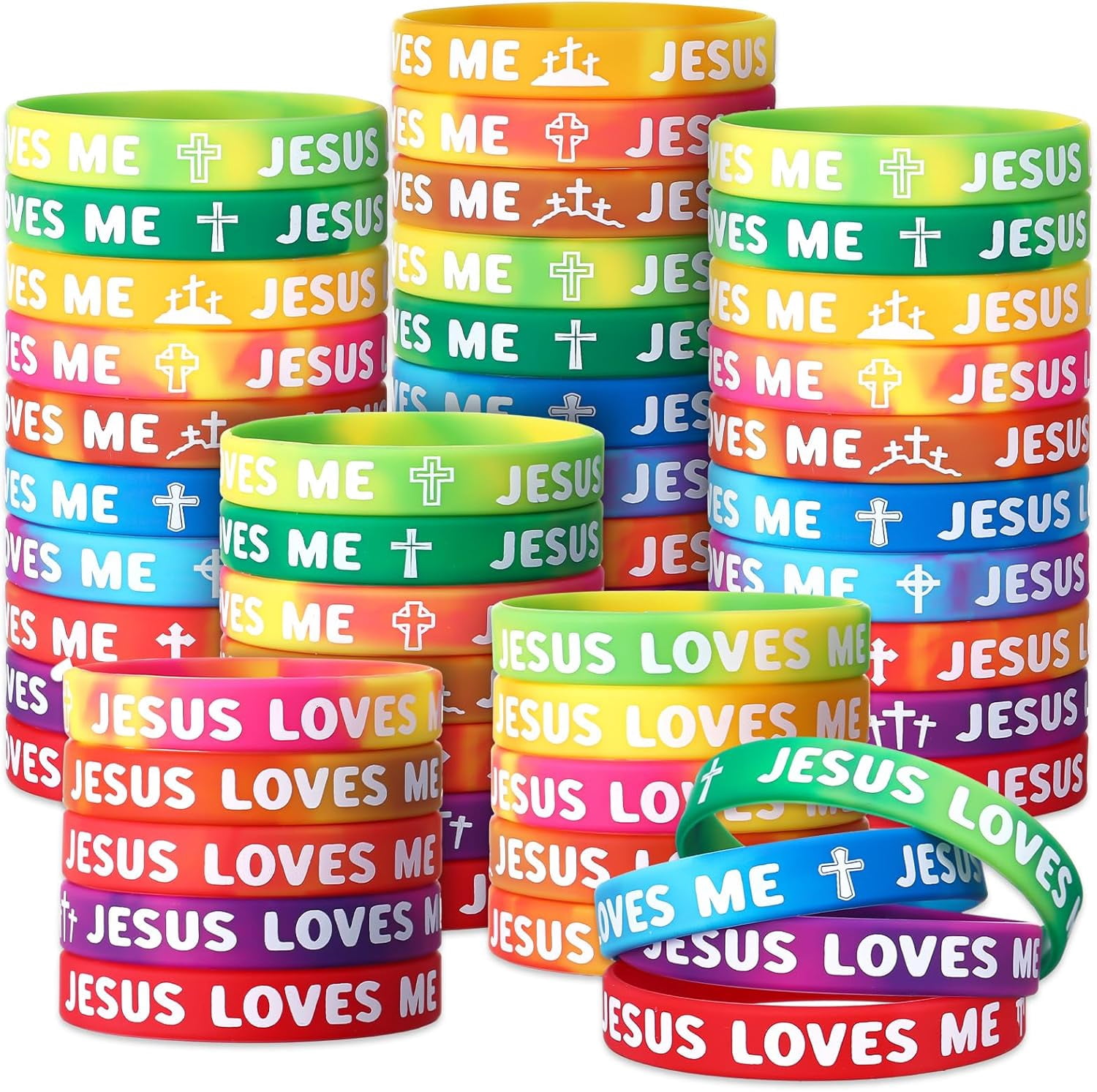 100 Pcs Jesus Loves Me Wristbands Bulk 10 Styles Rainbow Religious ...
