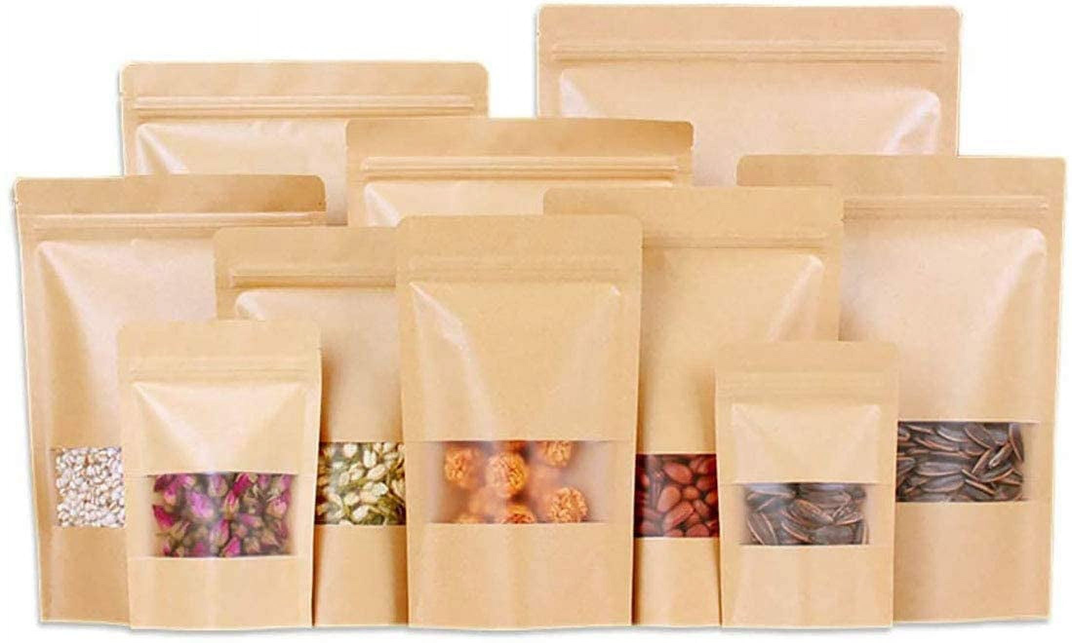 100 Pcs Kraft Paper Bags with Window Stand Up Pouches Bags, Zip Lock ...