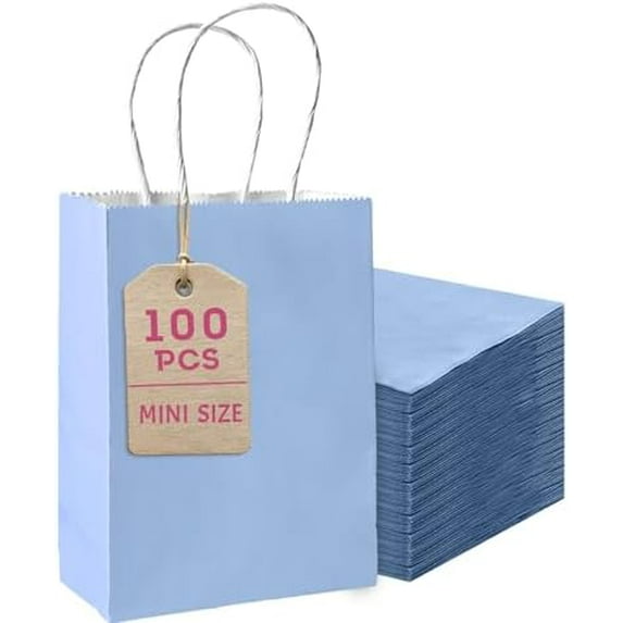 100 Pcs Light Blue Mini Paper Gift Bags with Handles 6"x4.5"x2.5" Party ...