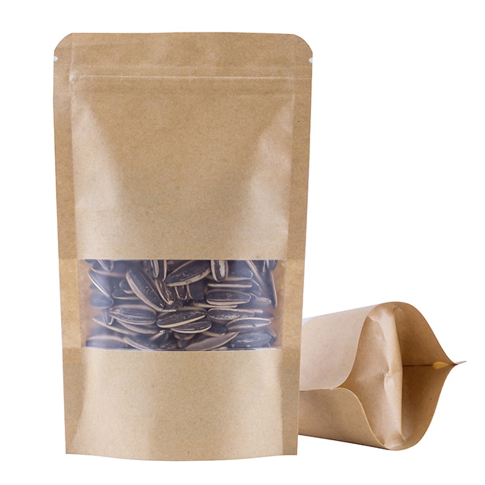 100 Pcs/Lot Kraft Paper Bags with Windows Stand Up Pouches Food Ziplock ...