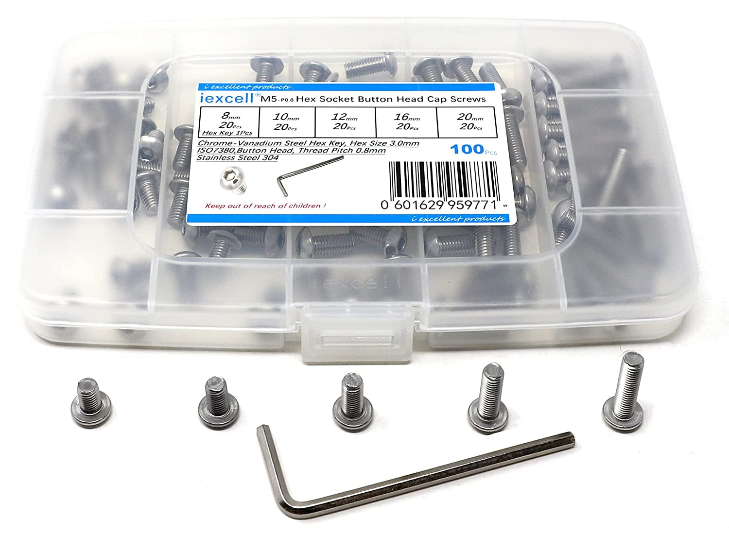 100 Pcs M5 x 8/10/12/16/20 Stainless Steel 304 Hex Socket Button Head Cap Screws Bolts ...