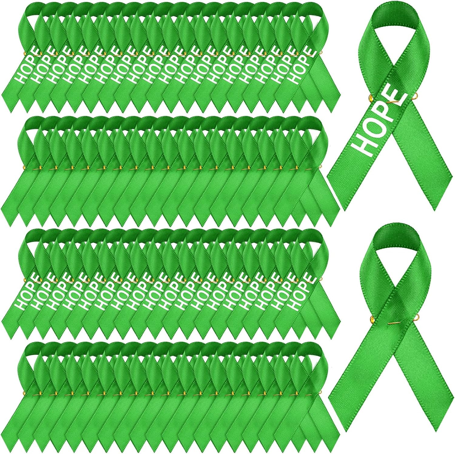 100 Pcs Mental Health Awareness Ribbon with Safety Pins Bulk Green ...