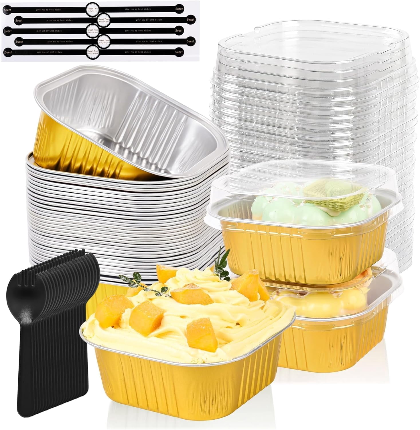 100 Pcs Mini Cake Pans with Lids, 5oz Square Aluminum Foil Brownie ...