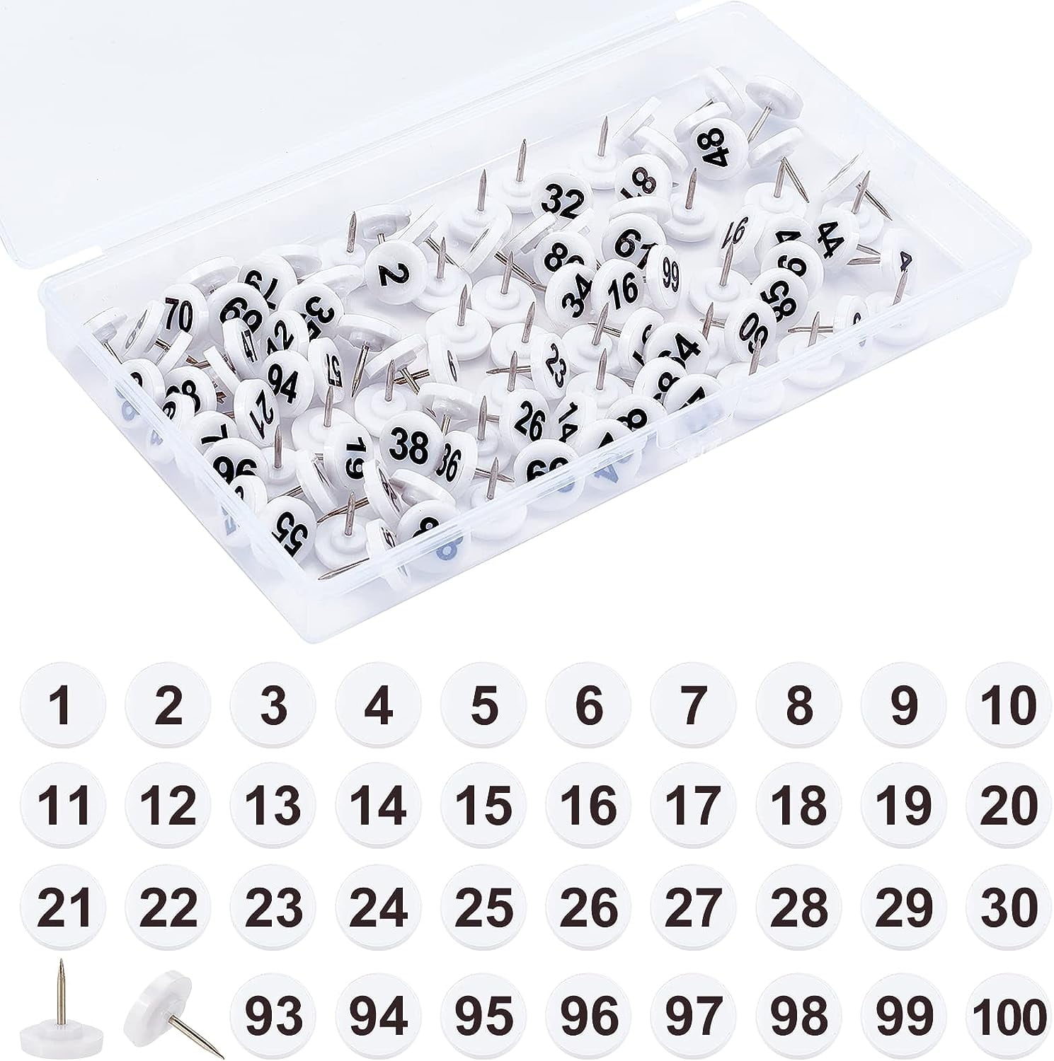 100 Pcs Numbered Push Pin Tacks Map Number Thumb Tacks White Base Black Numbers 1-100 Drawing ...