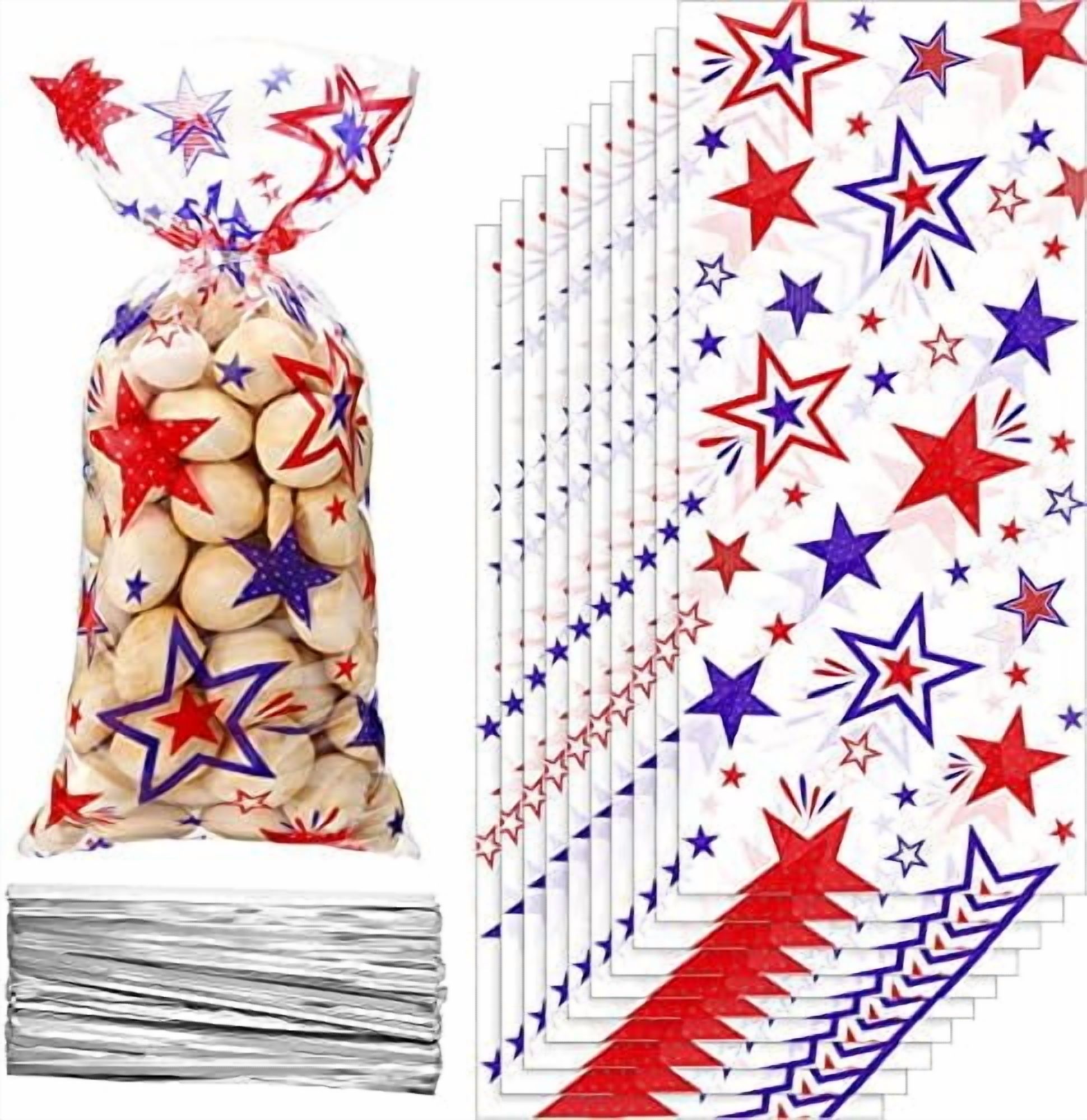 100 Pcs Patriotic Celllo Treat Bags Labor Day Goodie Blue Red USA Star ...