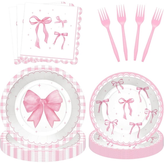 100 Pcs Pink Ribbon Bow Party Supplies Set - Serves 25, Watercolor ...