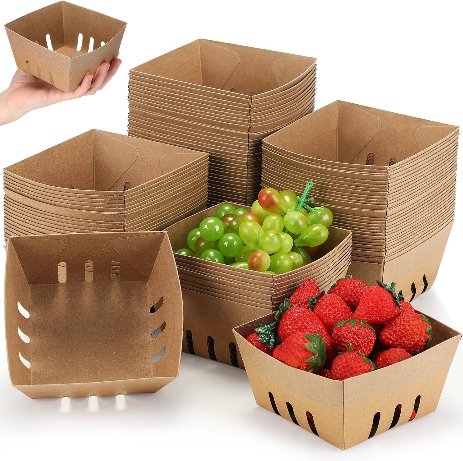 100 Pcs Pint Berry Basket Cardboard Containers (3.5 x 3.5 x 2.5 Inch ...