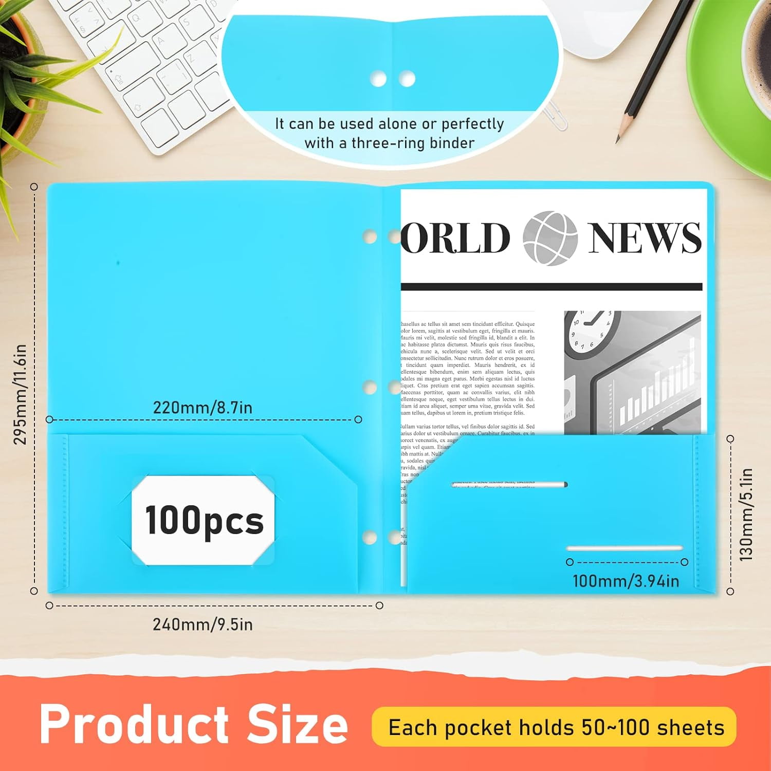 100 Pcs Plastic Folders with Pockets, Heavy Duty, 2 Pockets, 3 Hole ...