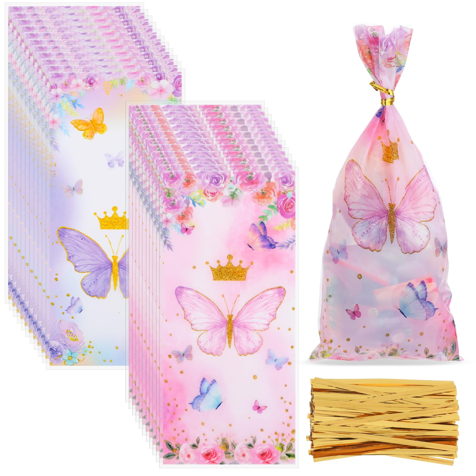 100 Pcs Purple Butterfly YPF5 Candy Butterflies Goodie with 100 gold Twist Ties Plastic Goodie ...