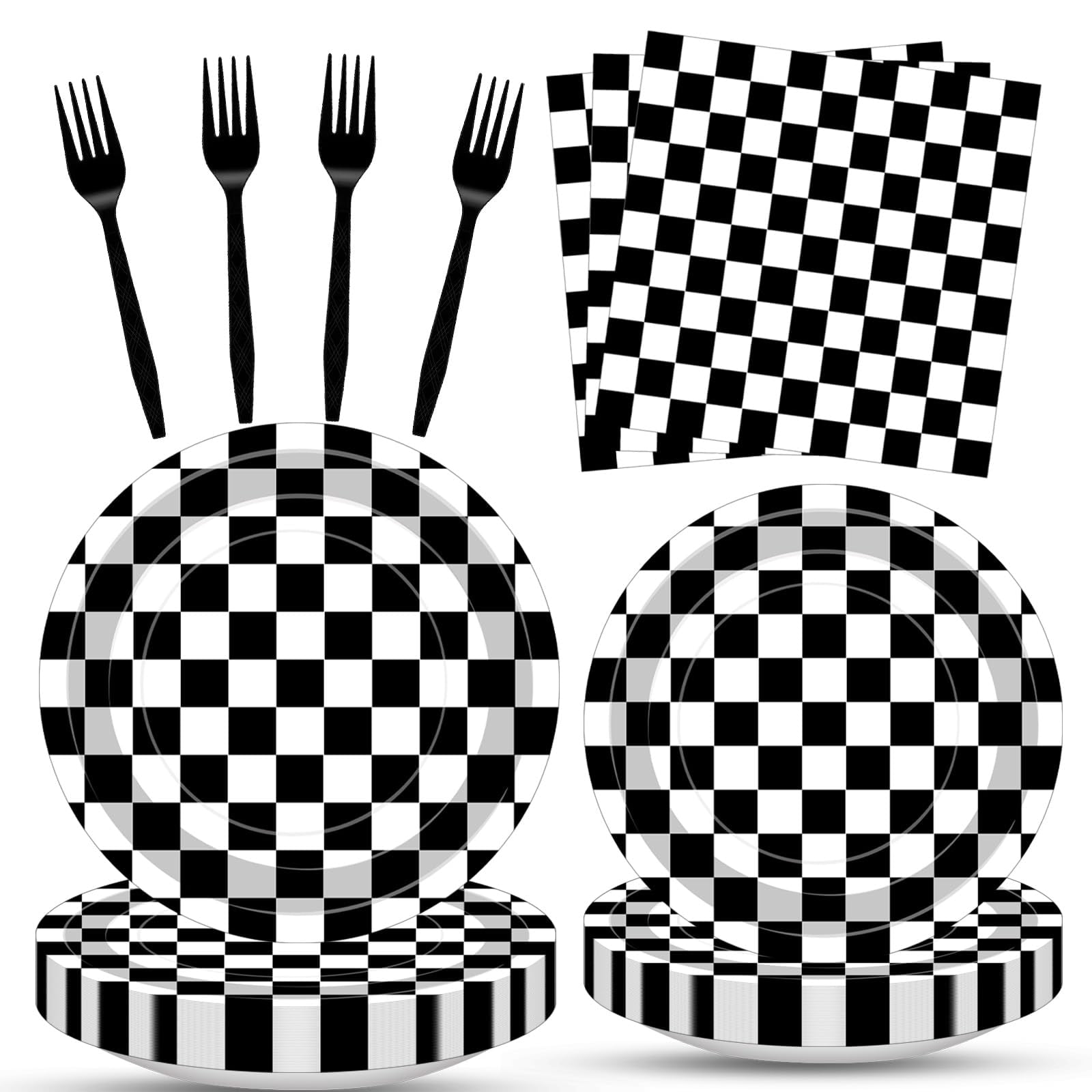 100 Pcs RacingITSC Checkered Party Supplies Set, Serves 25 - Black and ...
