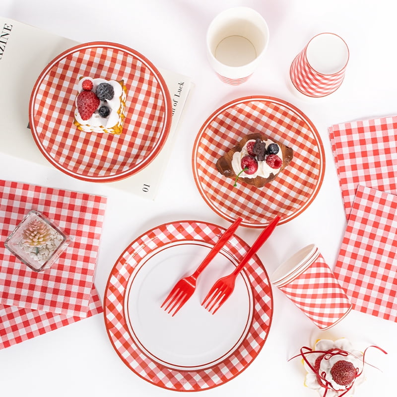 100 Pcs Red Checkered Plates and Napkins, Red and White Checkered ...
