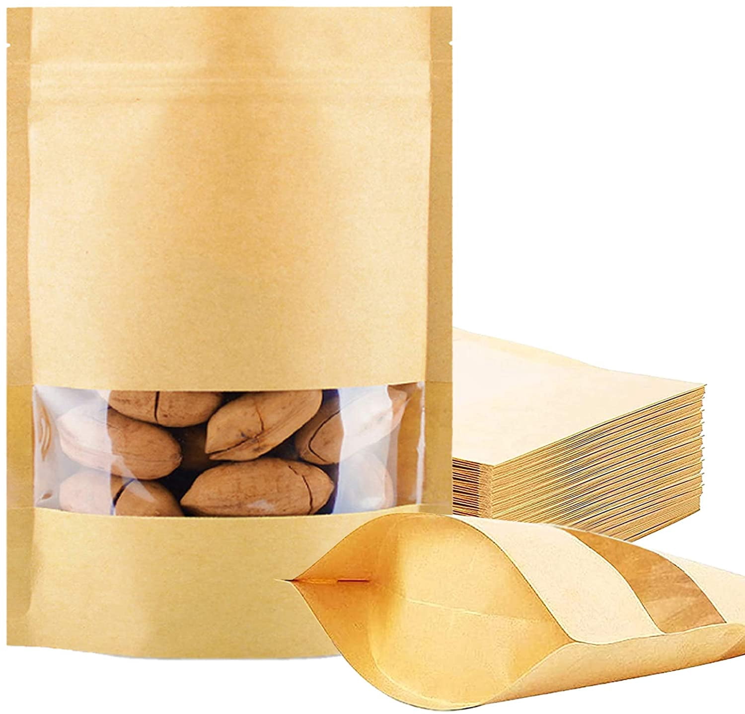 100 Pcs Resealable Stand Up kraft Paper Bags with Window for Packaging ...