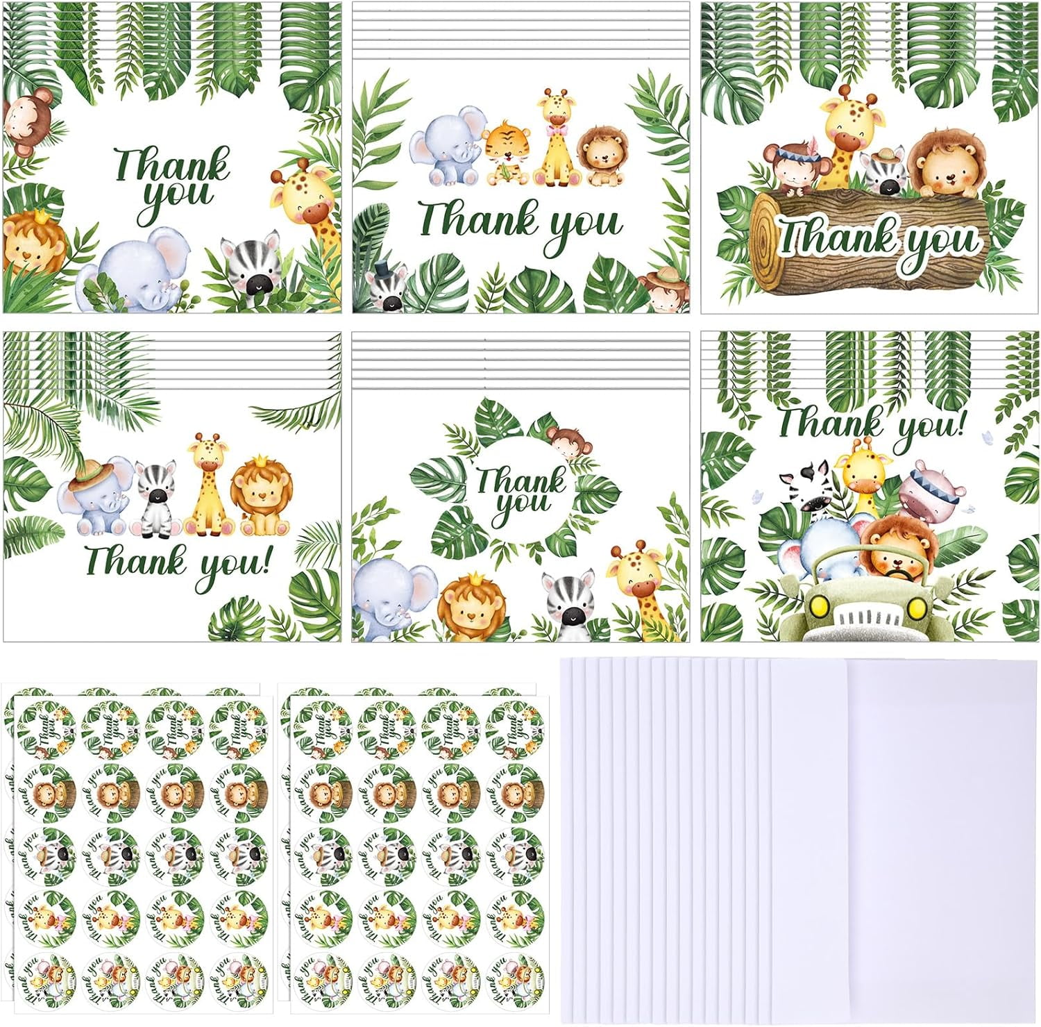 100 Pcs Safari Jungle Thank You Cards with Envelopes Stickers Forest ...