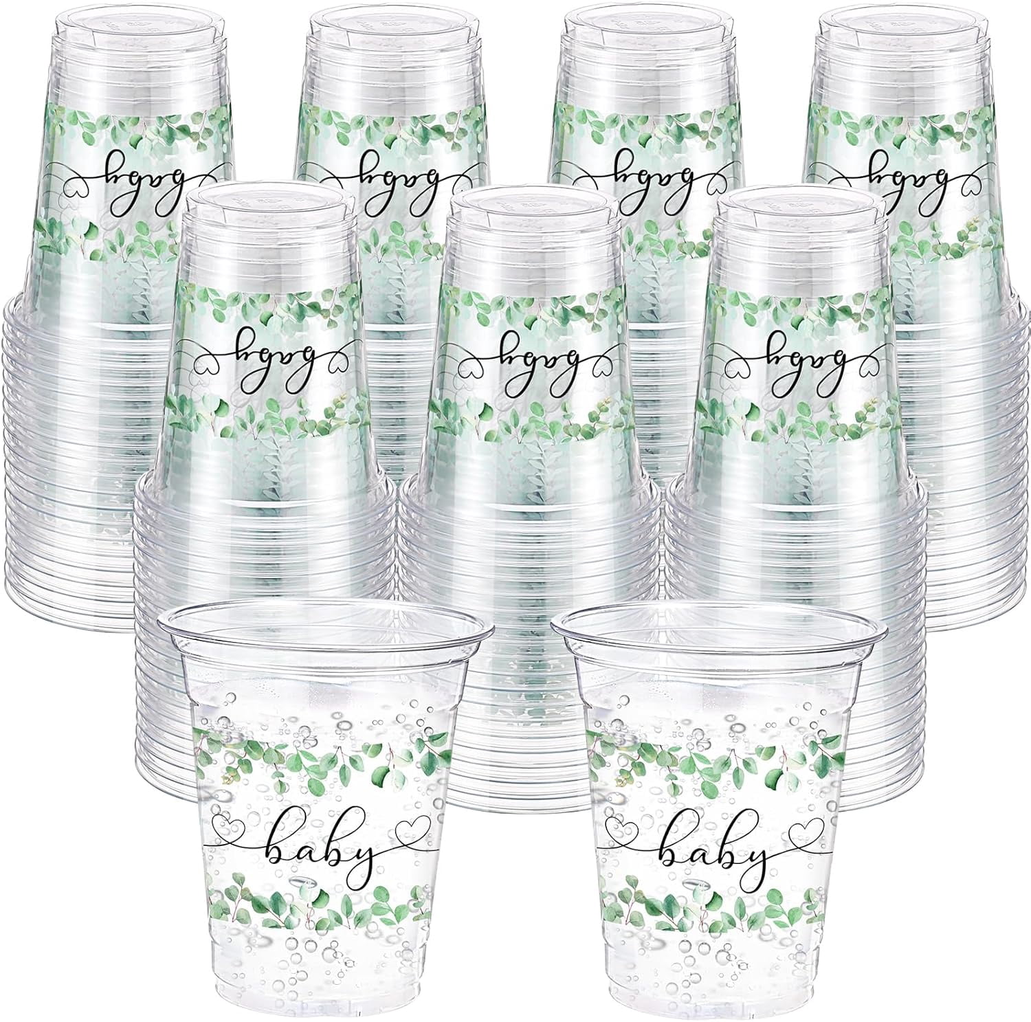100 Pcs Sage Eucalyptus Baby Shower Plastic Cups 12oz Sage Greenery ...