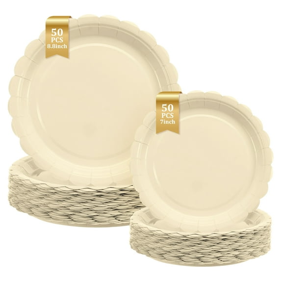100 Pcs Scalloped Paper Plate 7 Inches and 8.8 Inches Scalloped Dinner ...
