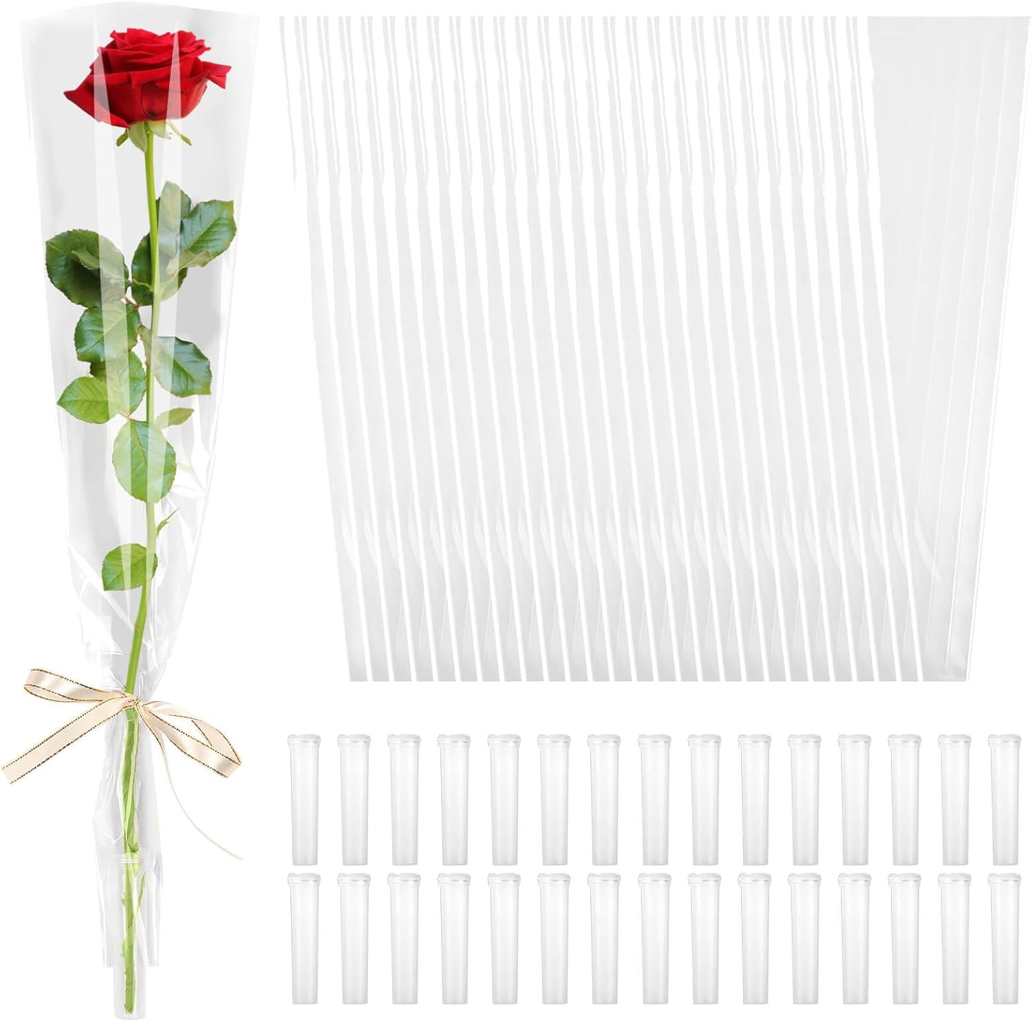 100 Pcs Single Rose Sleeve with 100 Pcs Floral Water Tubes for Bouquets ...