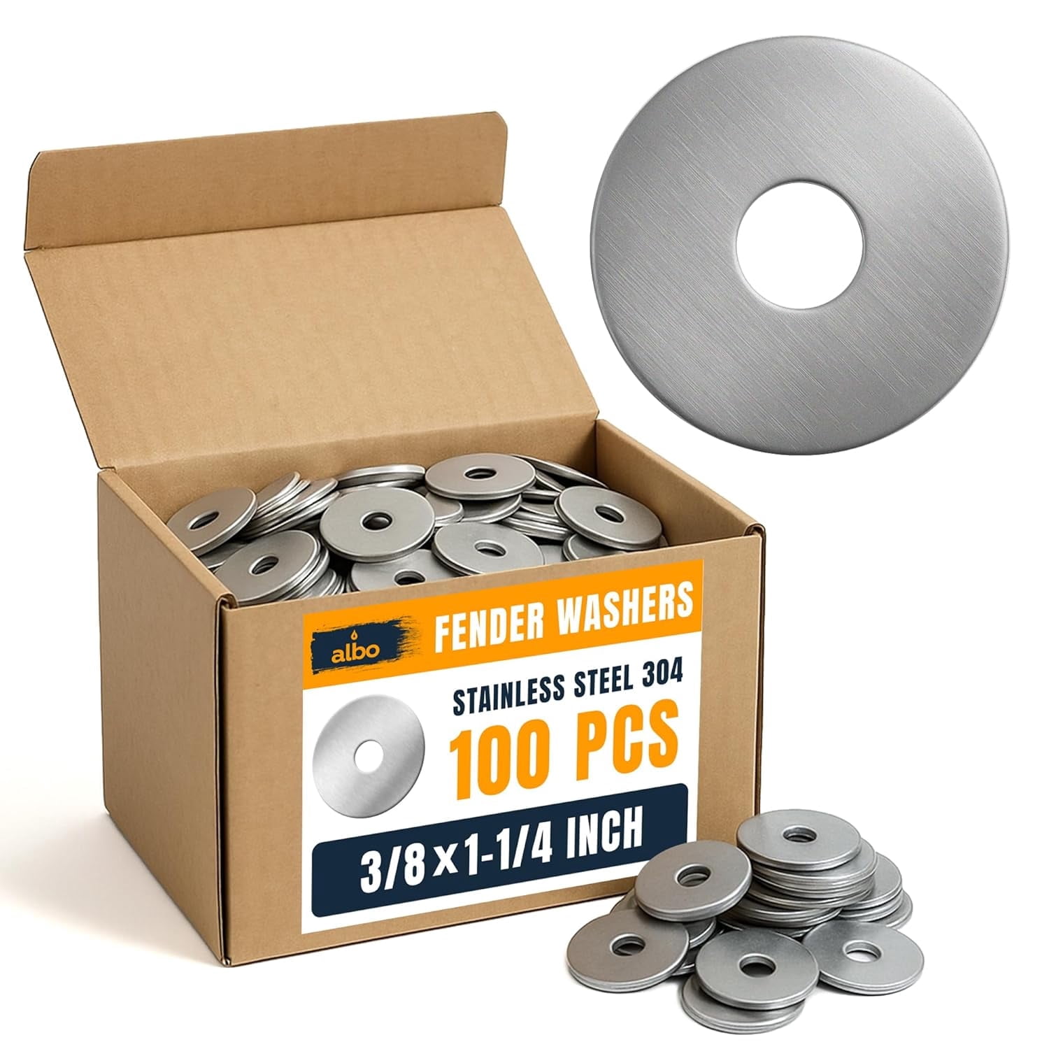 100 Pcs Stainless Steel Fender Flat Washers 3/8" x 1-1/4" for Bolts and ...