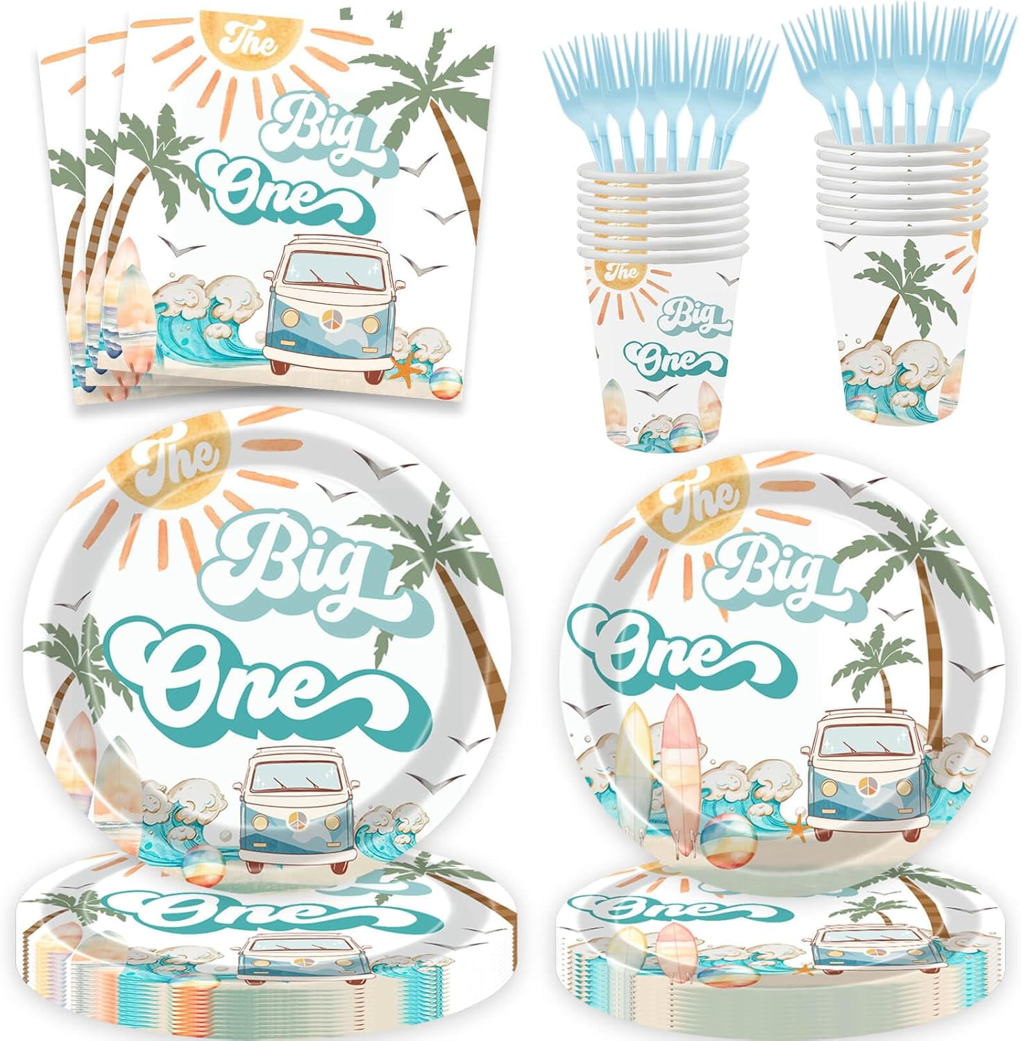 100 Pcs Surf The Big One Decoration Retro Surfer Boy 1st Birthday Paper ...