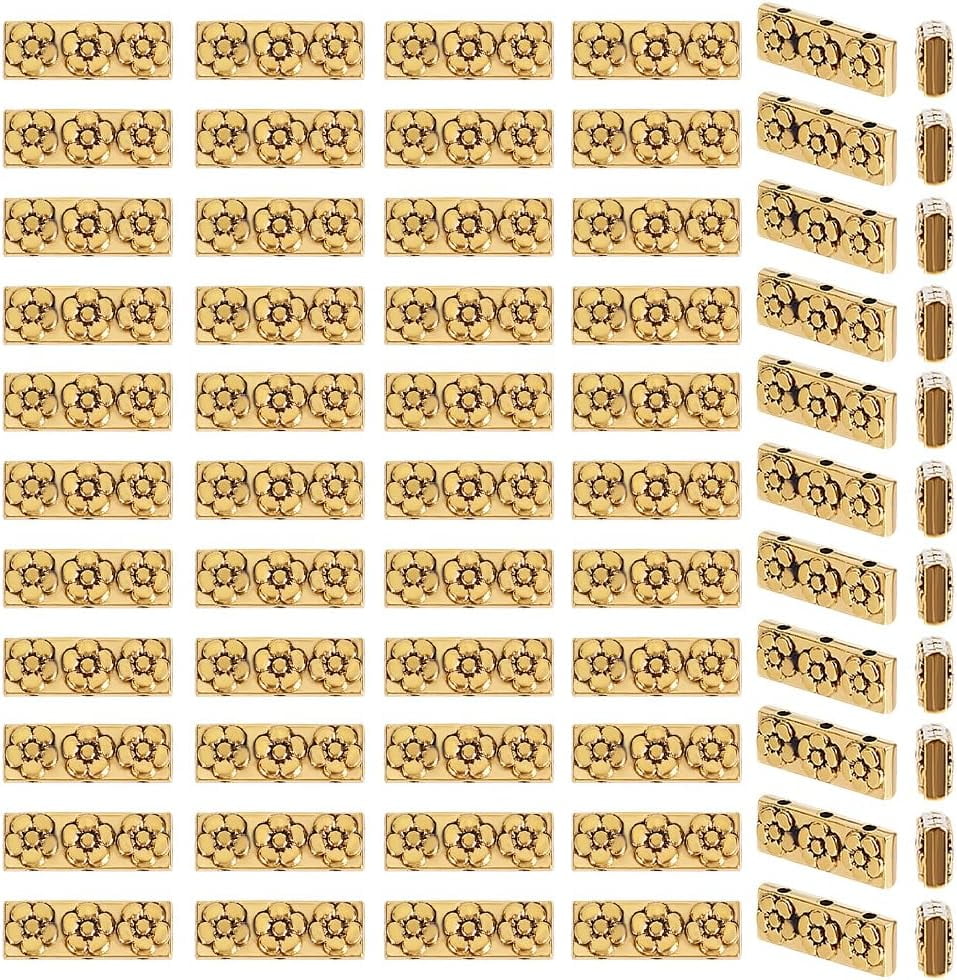 100 Pcs Tibetan Golden Spacer Beads 3 Holes Connector Beads Rectangle ...