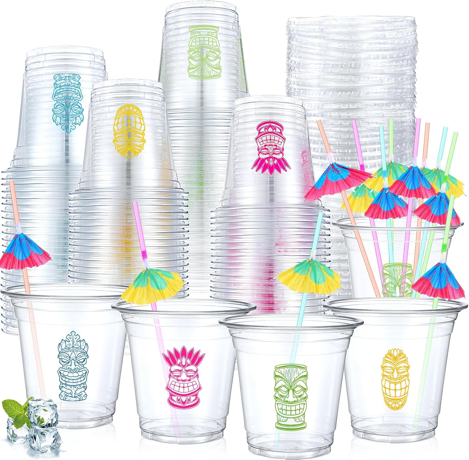 100 Pcs Tiki Plastic Cups Tropical Party Cups with Parasol Straws and ...