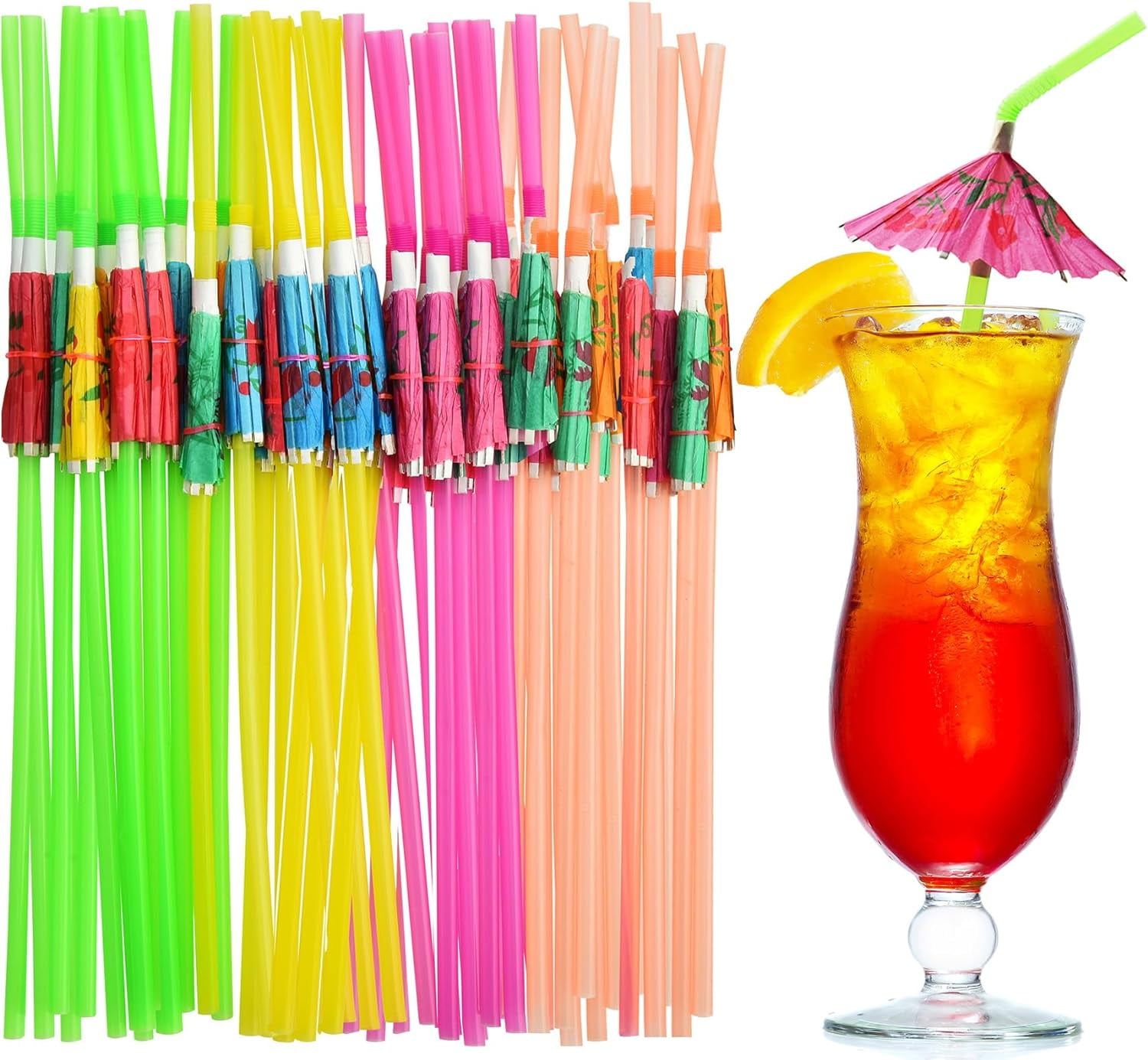 100 Pcs Umbrella Drink Straws, Plastic Fancy Cocktail Straws, Tropical ...