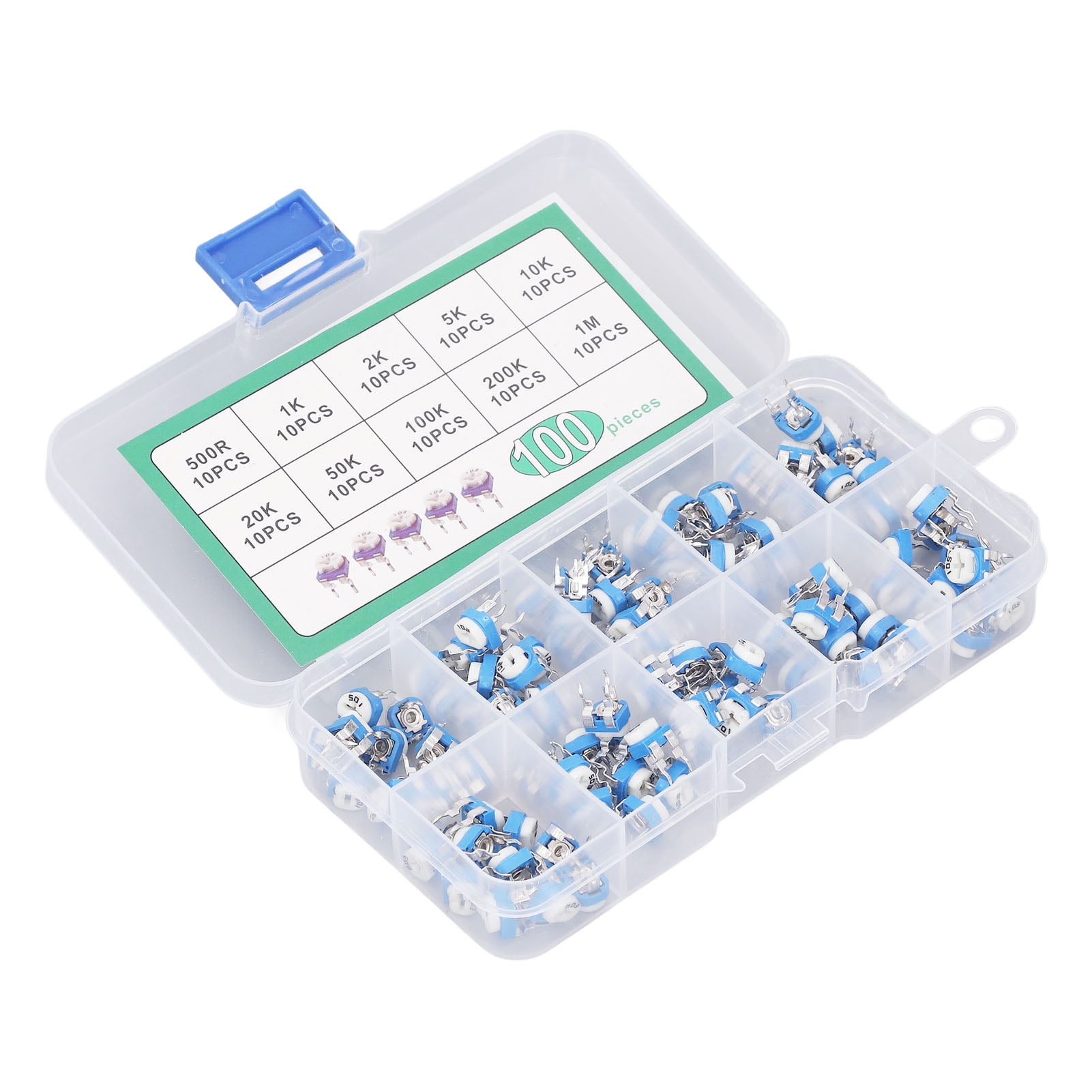 100 Pcs Variable Resistor 10 Values 500R To 1M Rm065 Blue White Trimmer ...