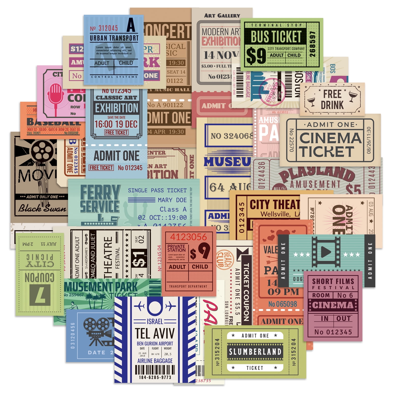 100 Pcs Vintage Ticket Stickers Pack Retro Admission Pass Decals for ...