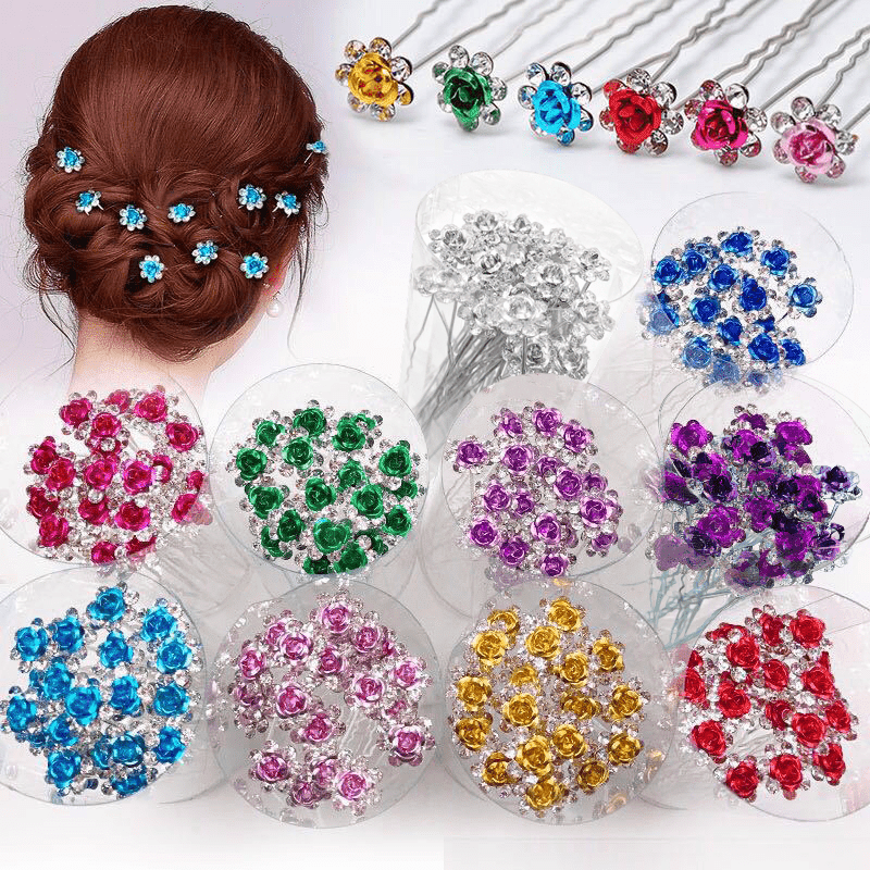 100 Pcs Wedding Bride Rose U-Shaped Rhinestone Hairpins - Multicolor ...
