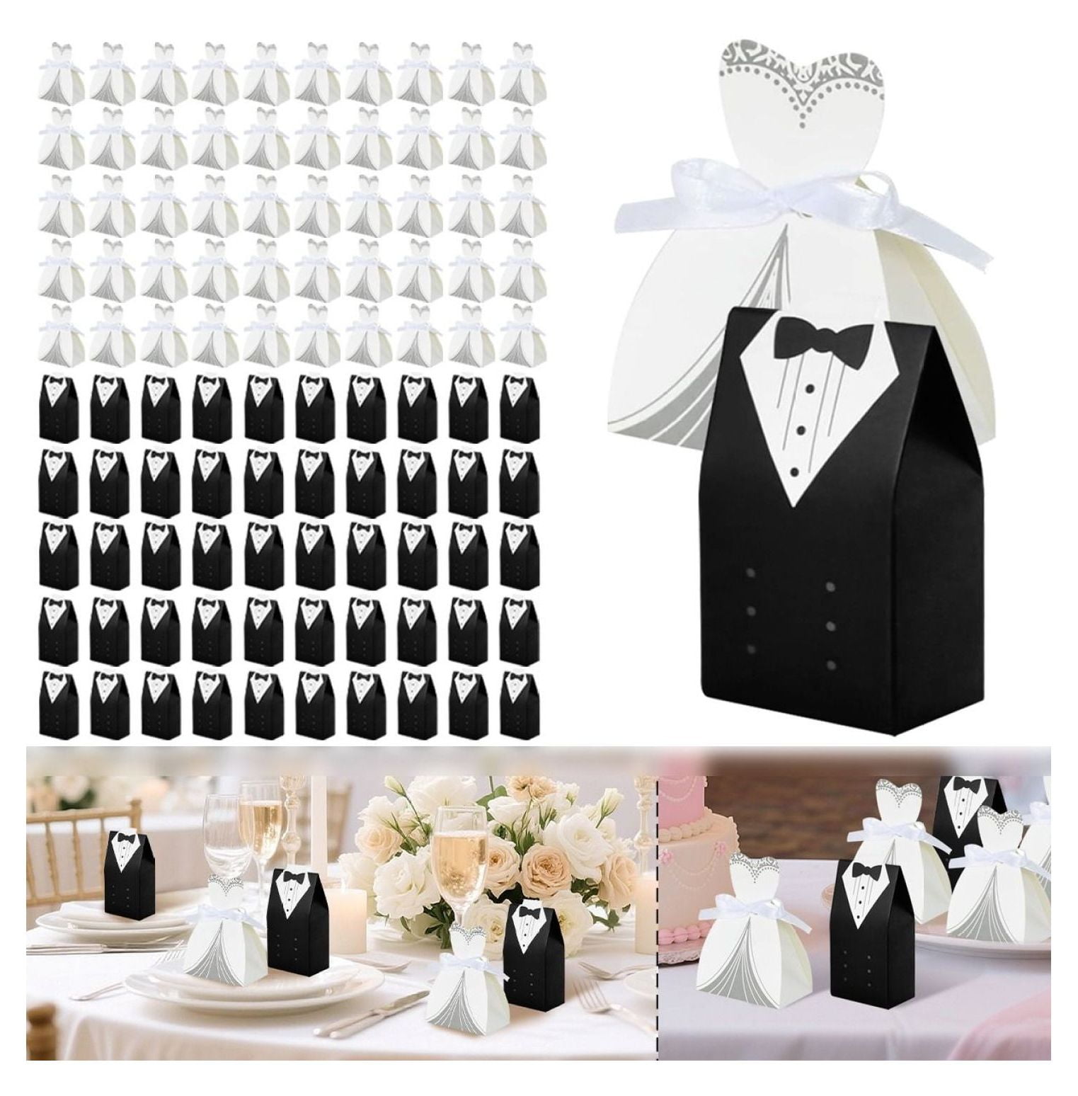 100 Pcs Wedding Favor Boxes with Ribbon Dress Tuxedo Candy Chocolate ...