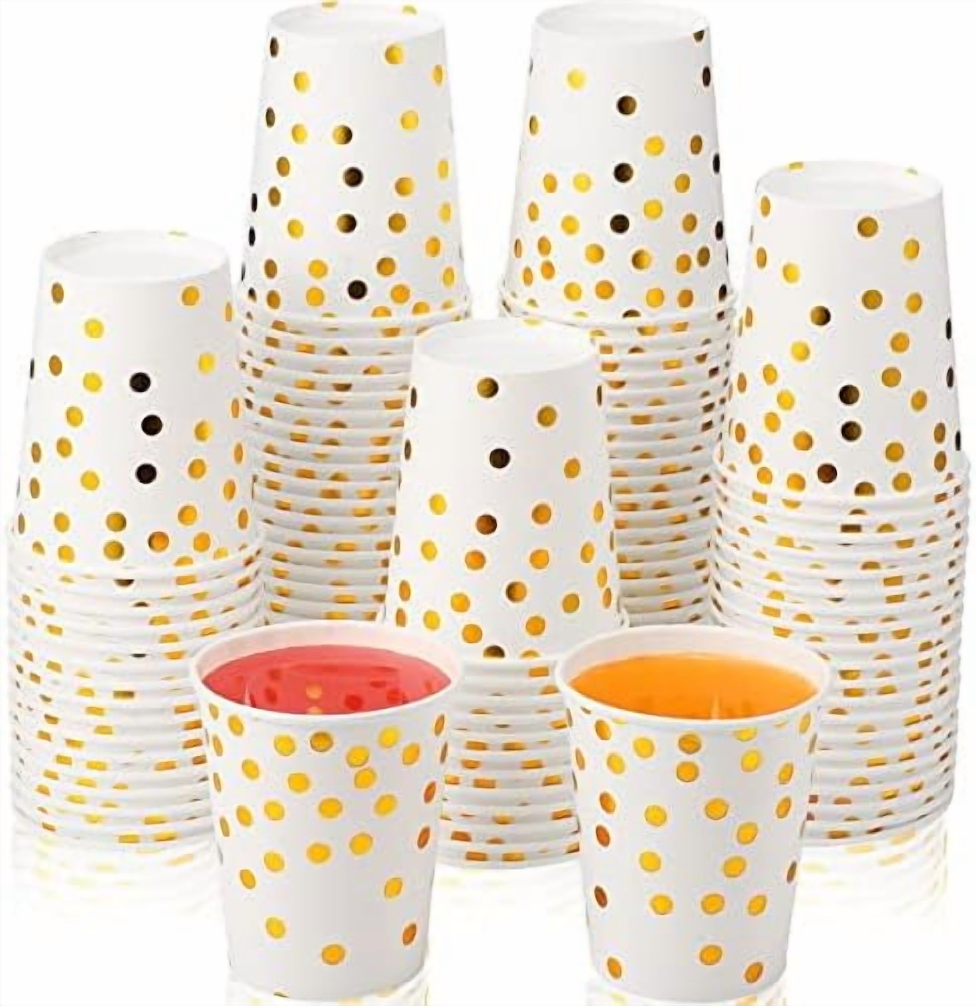 100 Pcs White and Gold Paper Cups, 9 oz Gold Foil Dot Disposable Cups ...