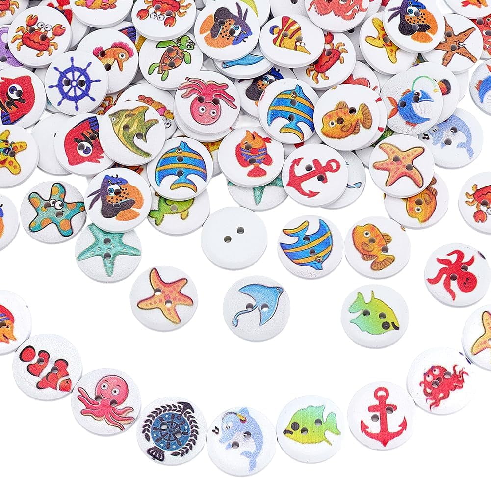 100 Pcs Wood Buttons Ocean Series 2 Holes Flat Round Buttons 20mm Sea ...