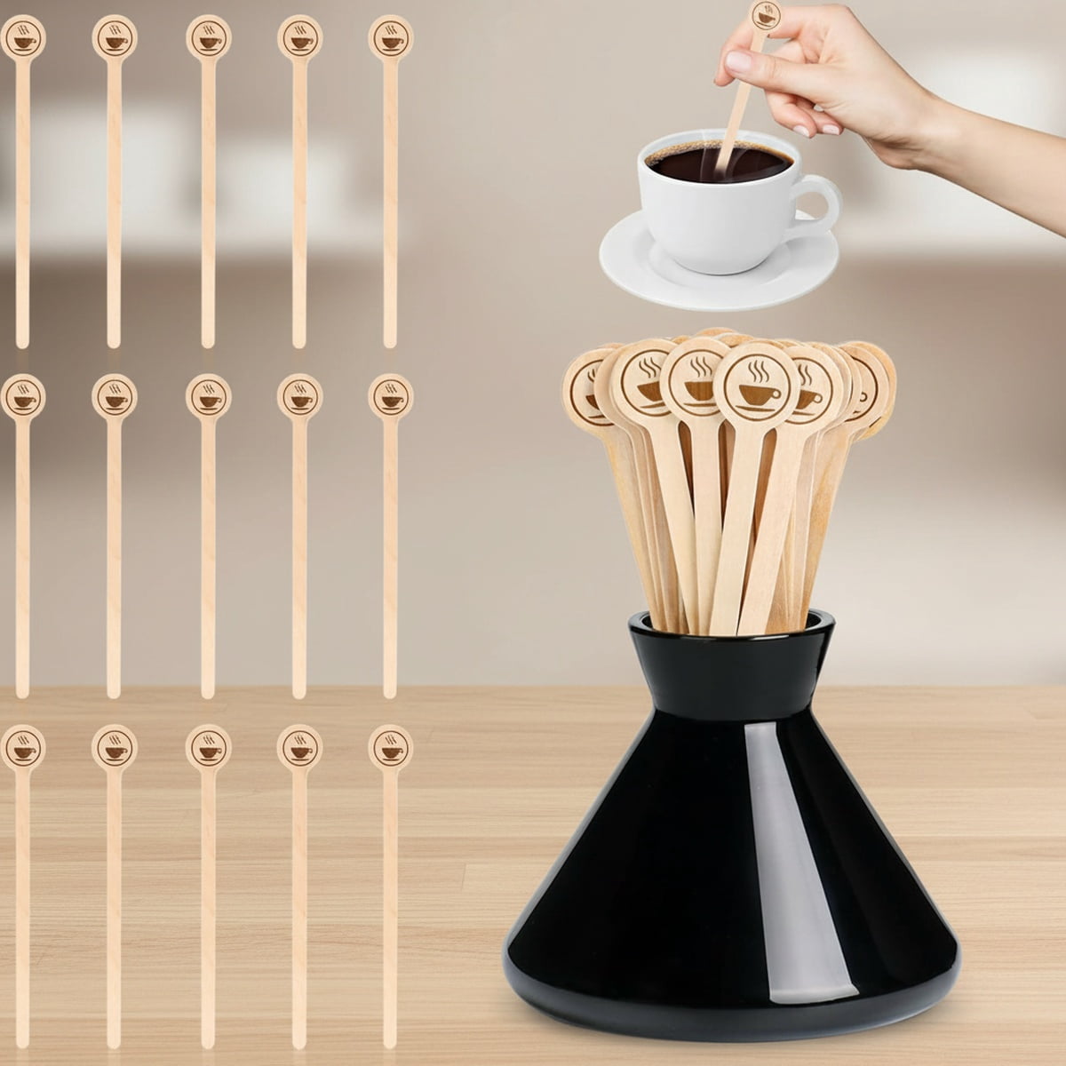 100 Pcs Wooden Coffee Stir Sticks with Conical Glass Coffee Stirrers ...