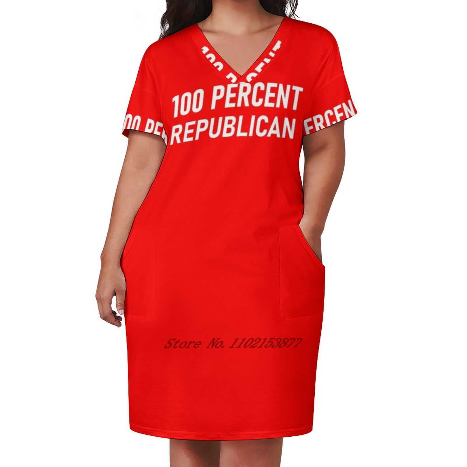 100 Percent Republican Loose Pocket Dress Print Short Sleeve Dresses V ...