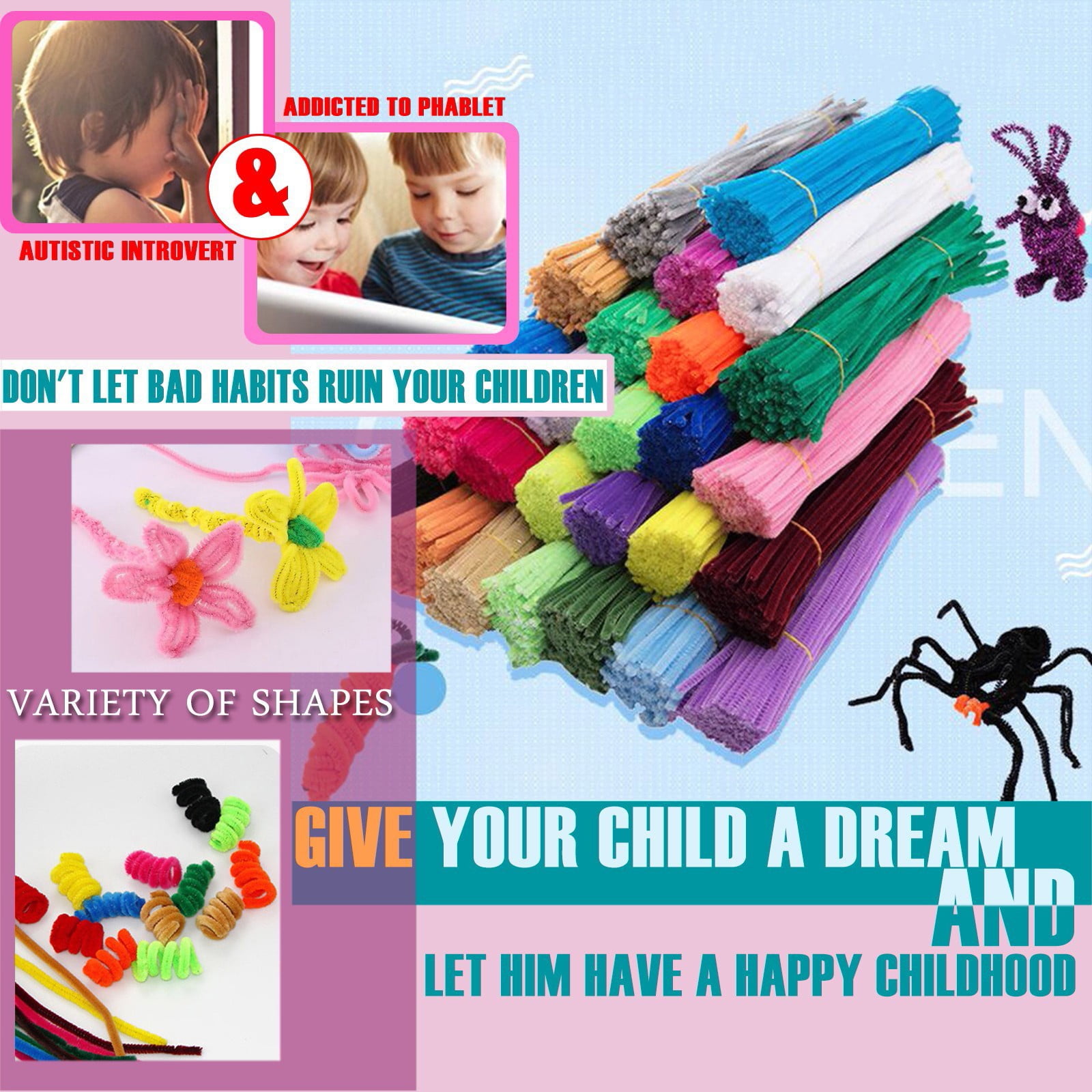 100 Piece DIY Pipe Cleaner Set Bendable Solid Stem Craft Pipe Cleaners ...