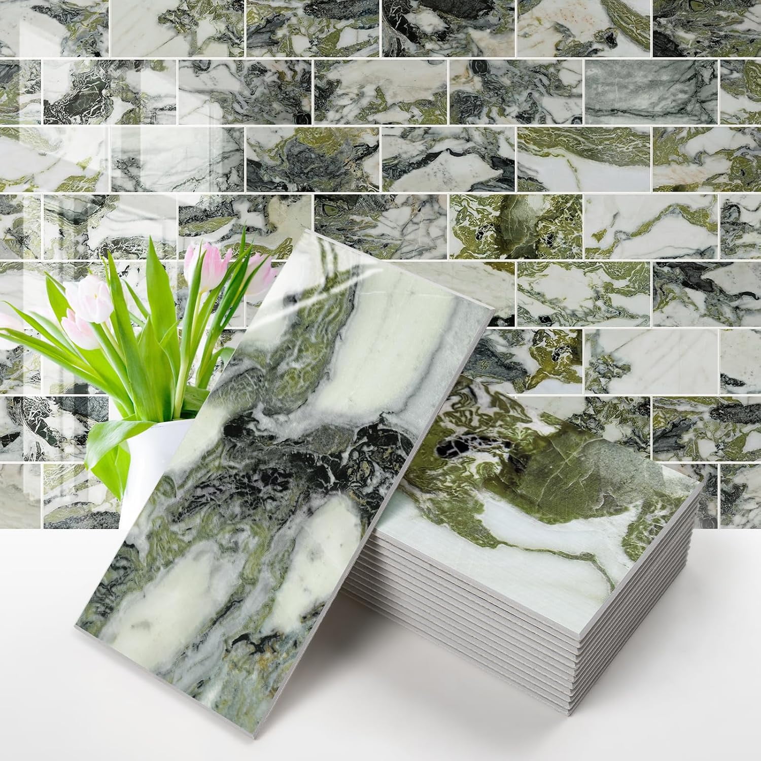 100-Piece Glossy Ice Green Peel and Stick Backsplash Tile,3''x6'' PVC ...