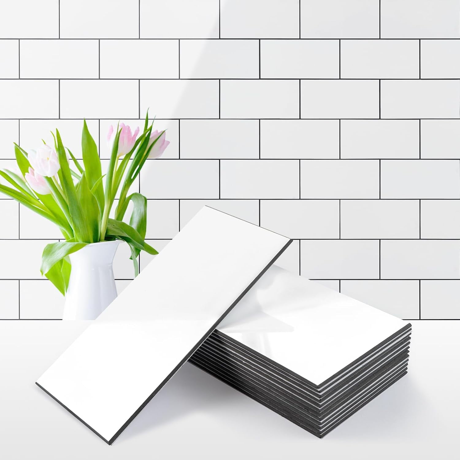 100-Piece Glossy Pure White Peel and Stick Backsplash Tile,3''x6'' PVC ...