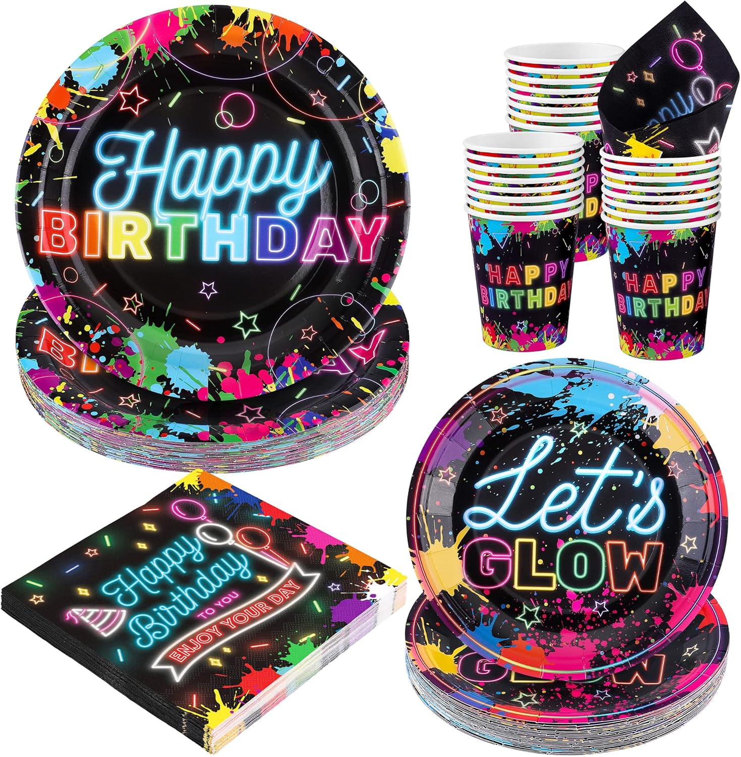 100 Piece Neon Glow Party Supplies - Glow In Dark Tableware Set ...