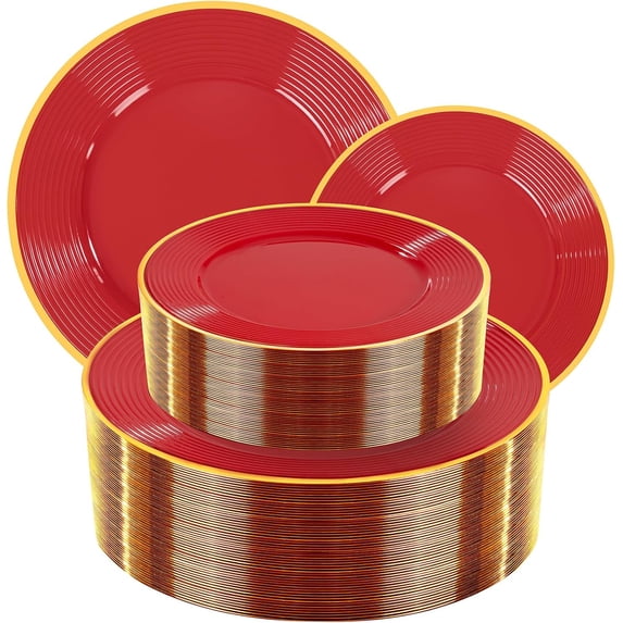 100-Piece Red Gold Heavy-Duty Disposable Plastic Plates – 50 Large (10 ...