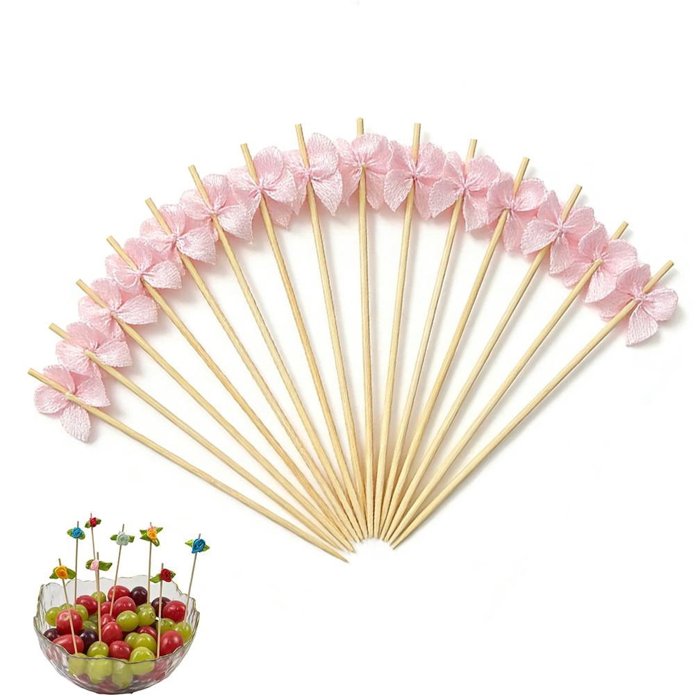 100-Piece Rose & Bow Decorative Fruit Picks, 4.7" Wooden Cocktail ...