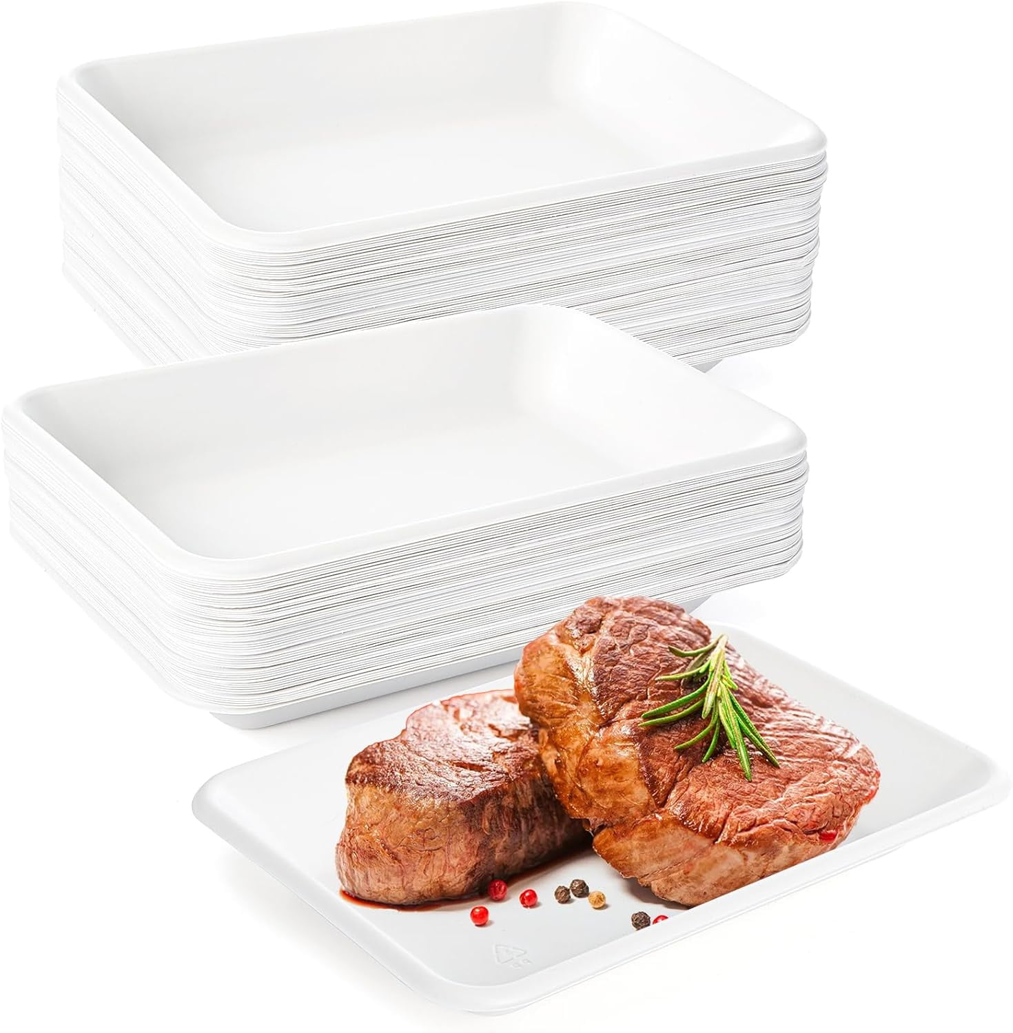 100 Piece White Rectangle Plastic Plates, 8 Inch Supermarket Meat Tray ...